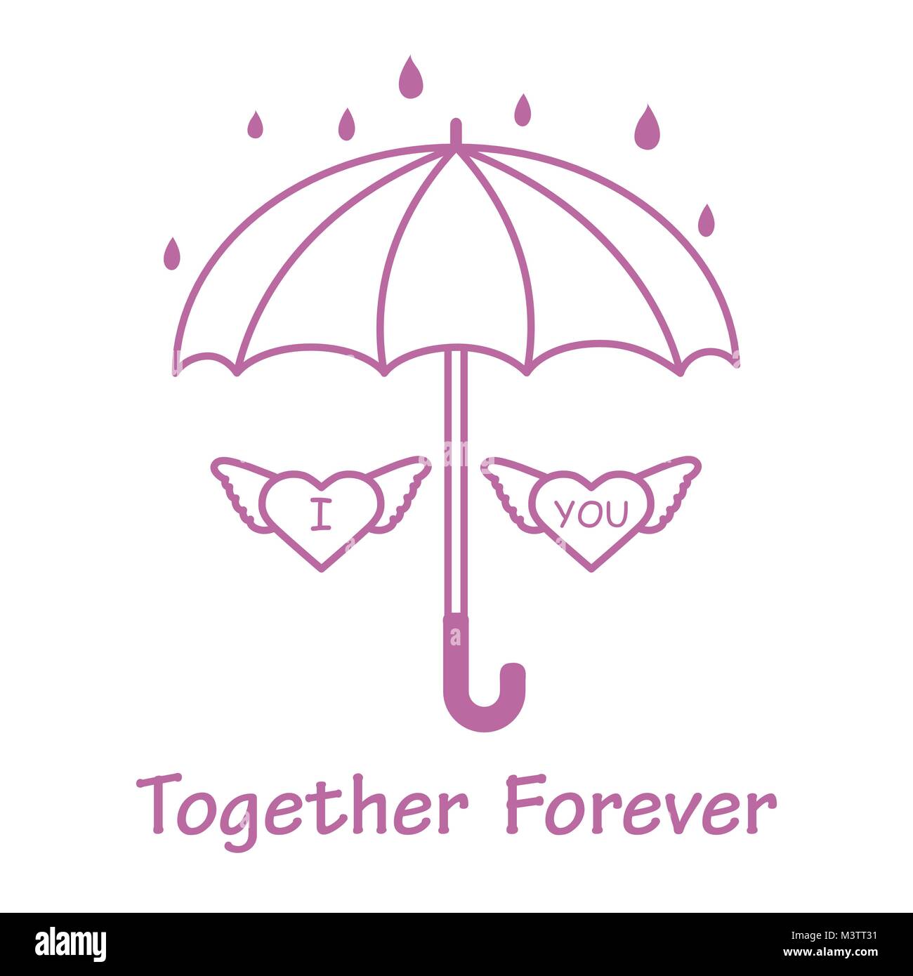 Two hearts with wings under an umbrella in the rain. Design for banner ...