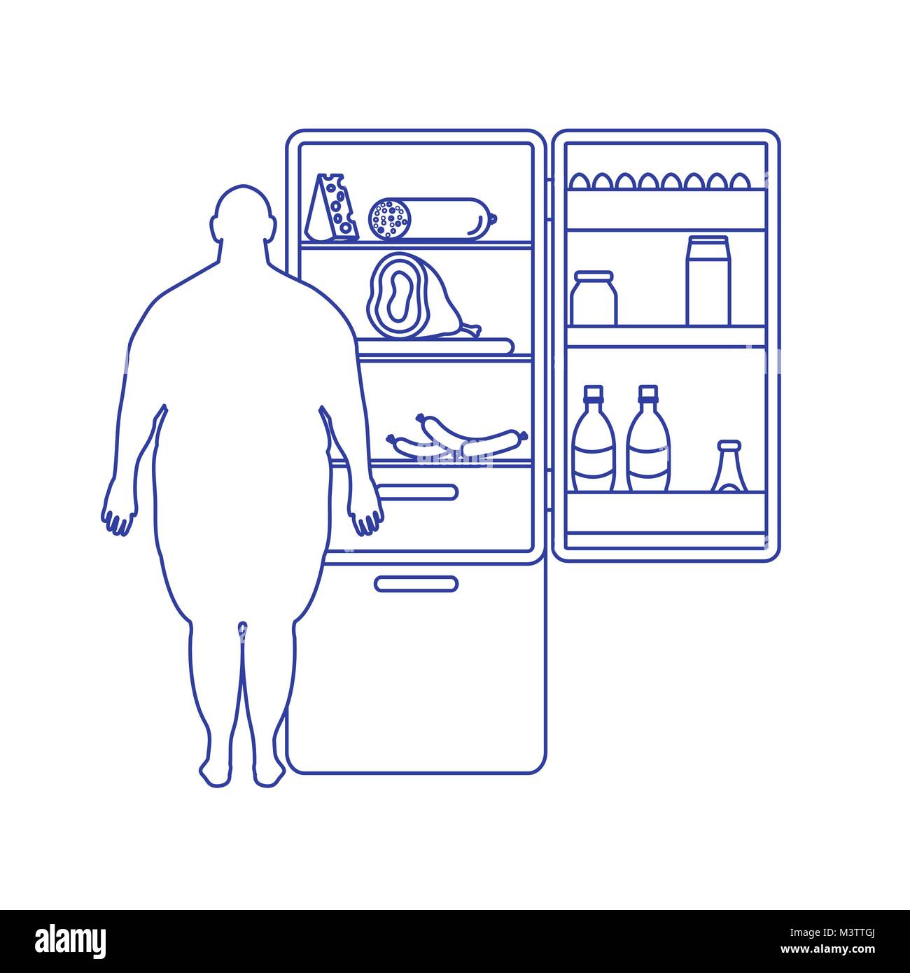 Fat man stands at the fridge full of food. Harmful eating habits ...