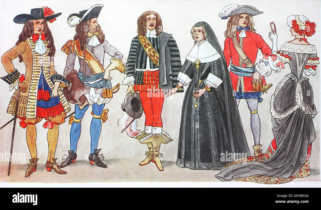 Fashion, clothing in France at the time of Louis XIV, from left ...