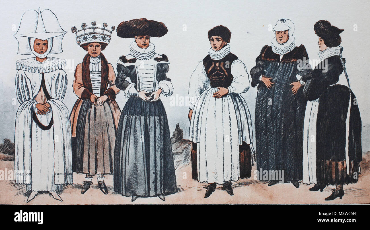 Fashion, clothes in Germany, women costumes circa 1640, from left ...