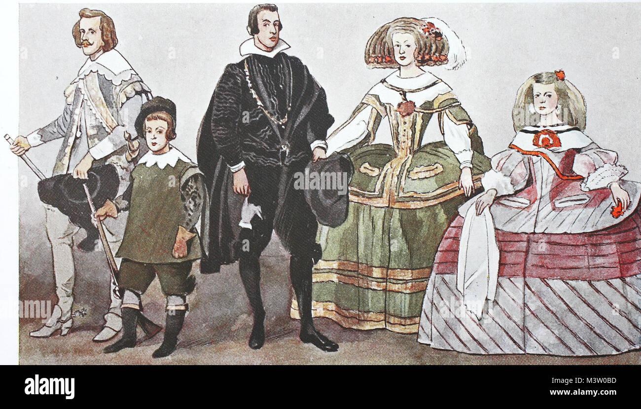 Fashion, clothing in Spain in the 16th - 17th centuries, from the left ...