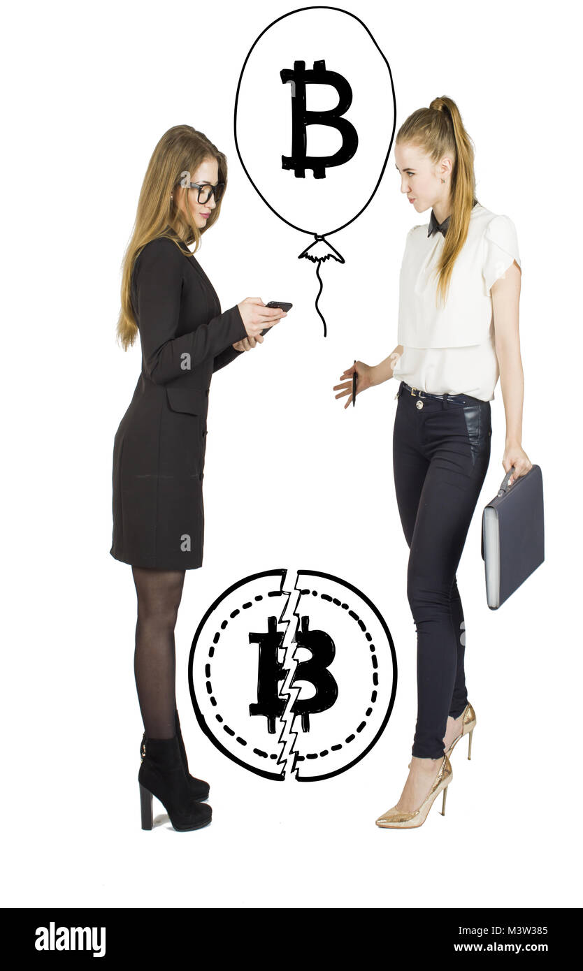 Beautiful women standing over white background with bitcoin sketches ...