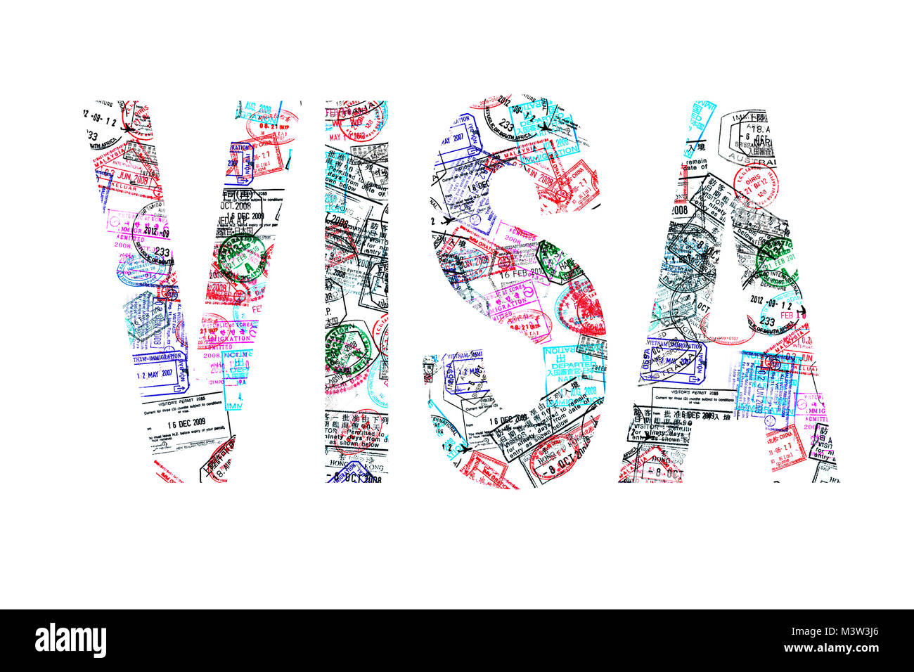 Word visa created with passport stamps on white background, travel ...