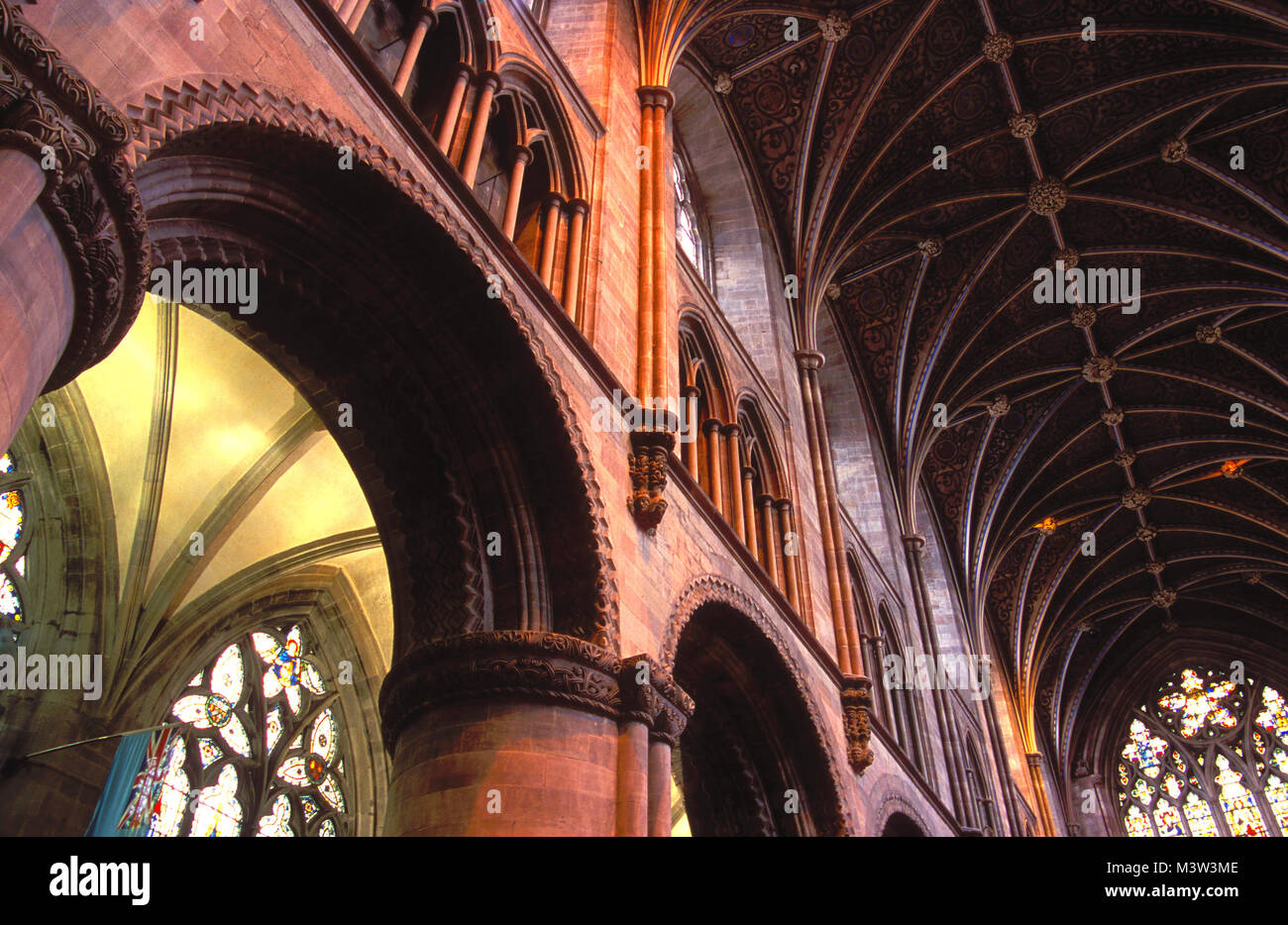 Columns and ceiling of the nave of Herefordshire Cathedral, England ...