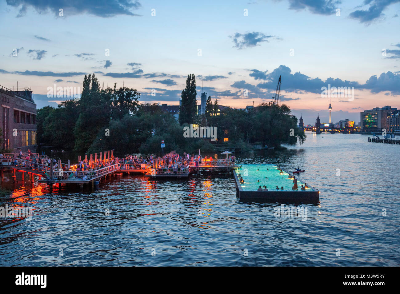 Bathing ship in River Spree at sunset, Badeschiff, Berlin, Germany ...