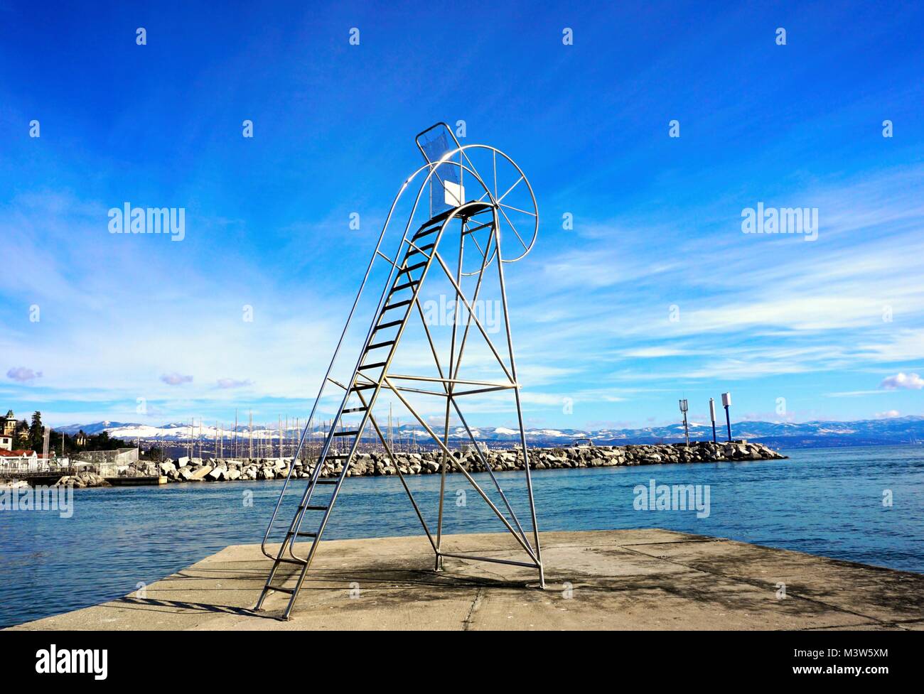 Baywatch tower empty chair on a beach in Croatia at the winter sunny ...