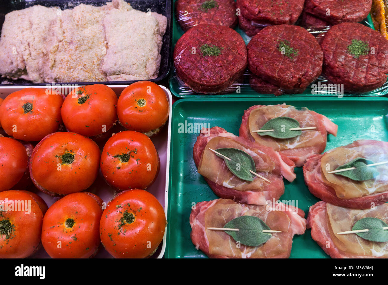 raw meat and tomatoes , butcher in supermarket Stock Photo - Alamy