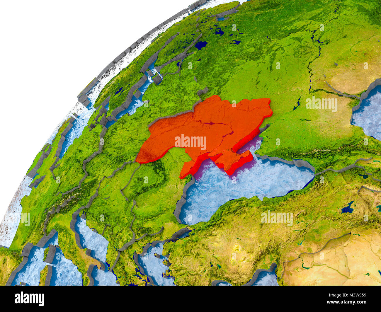 Ukraine on simple globe with visible country borders and realistic ...