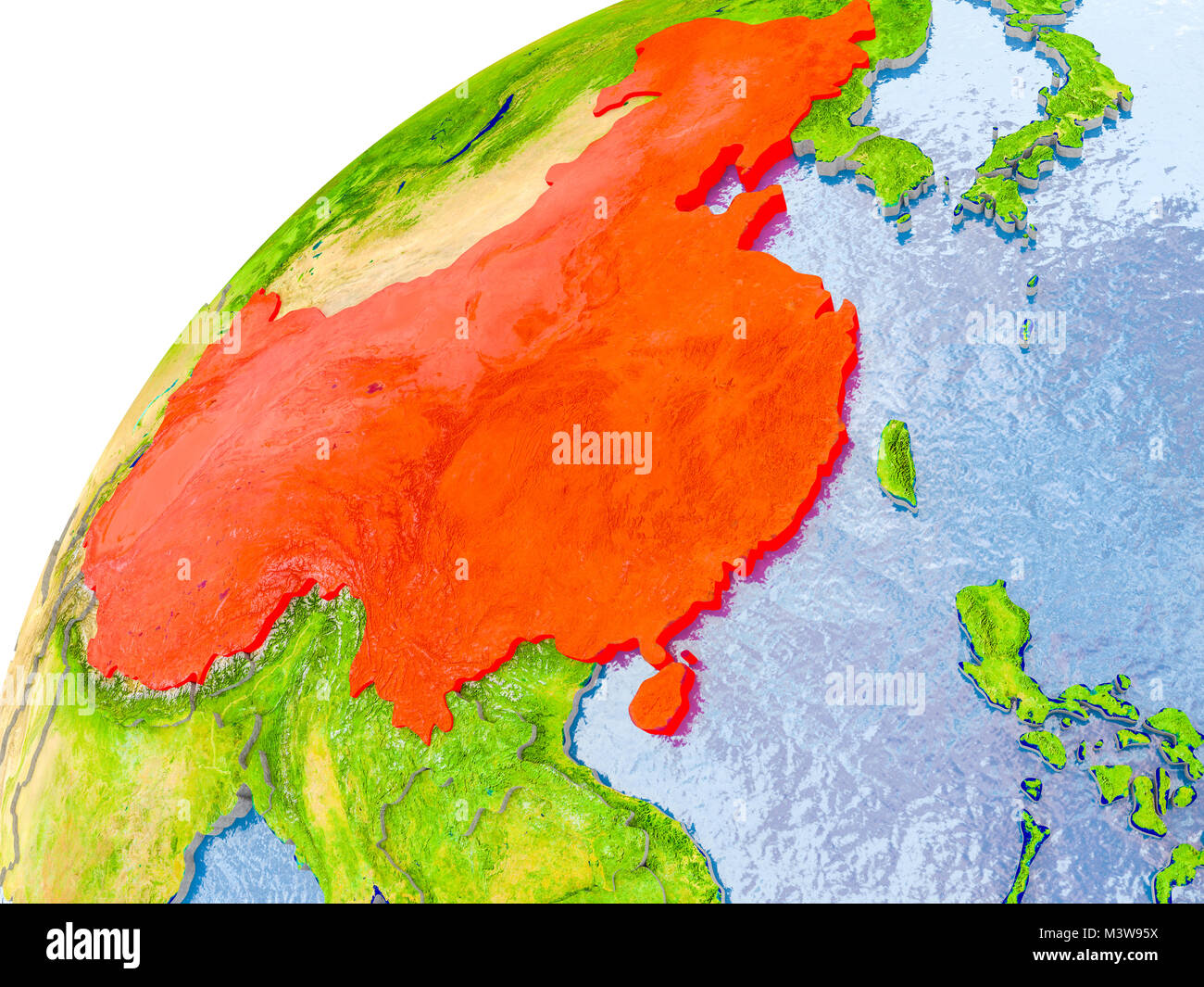 China on simple globe with visible country borders and realistic water ...