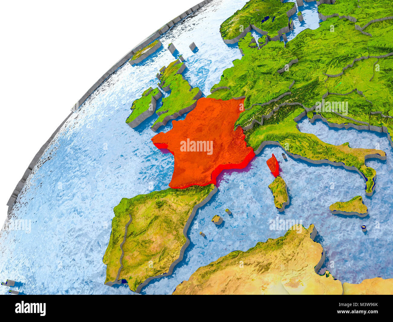 France on simple globe with visible country borders and realistic water ...