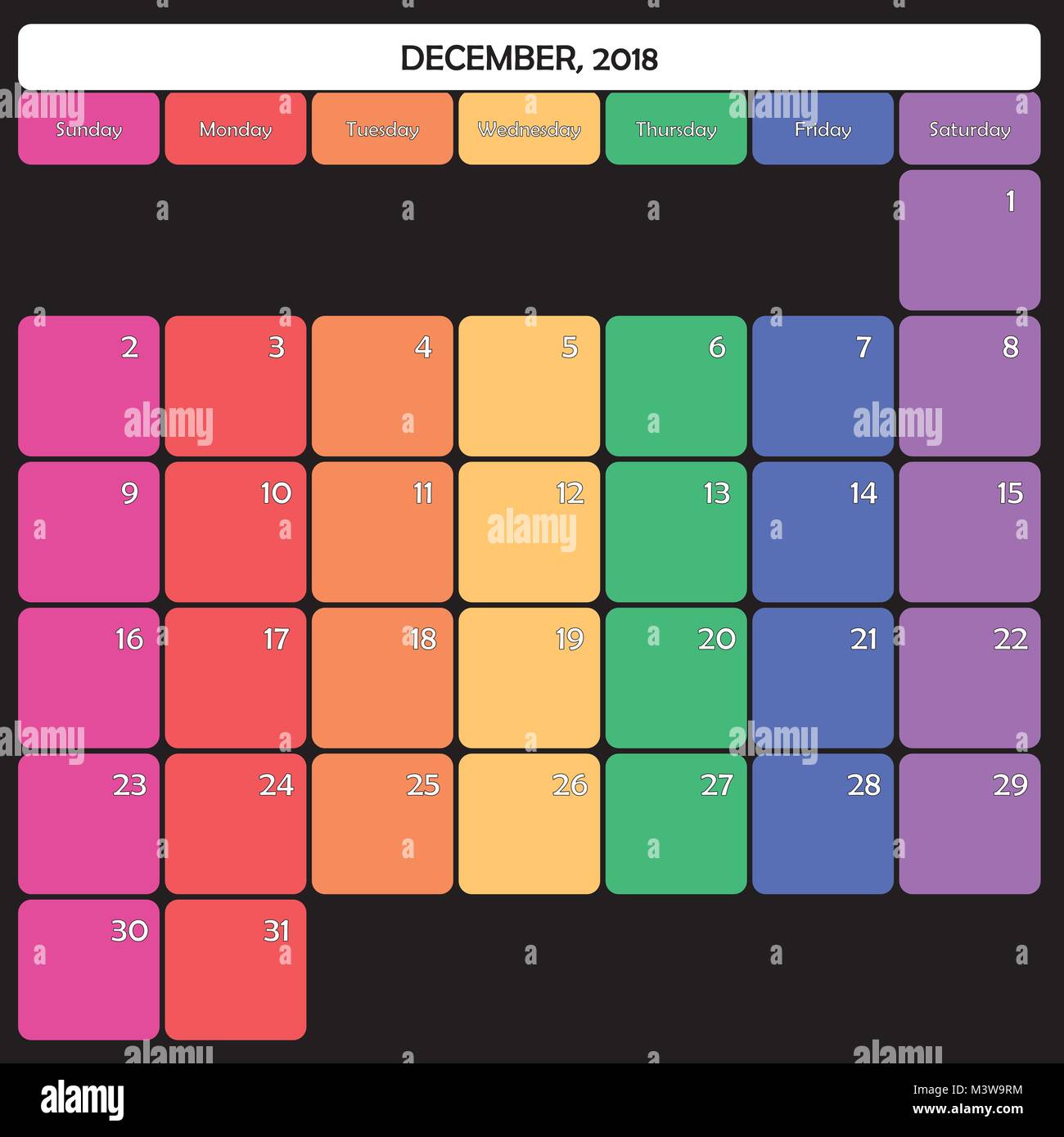 December 2018 Planner Calendar big editable space color day Stock ...