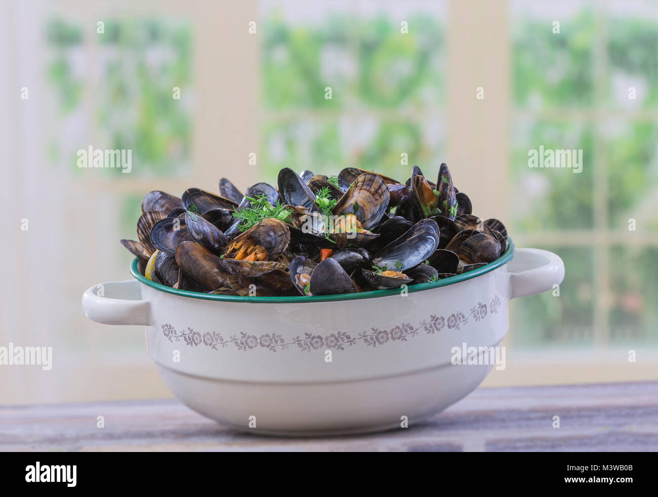 cooked French blue mussels with parsley in old vintage enamel pot on a ...