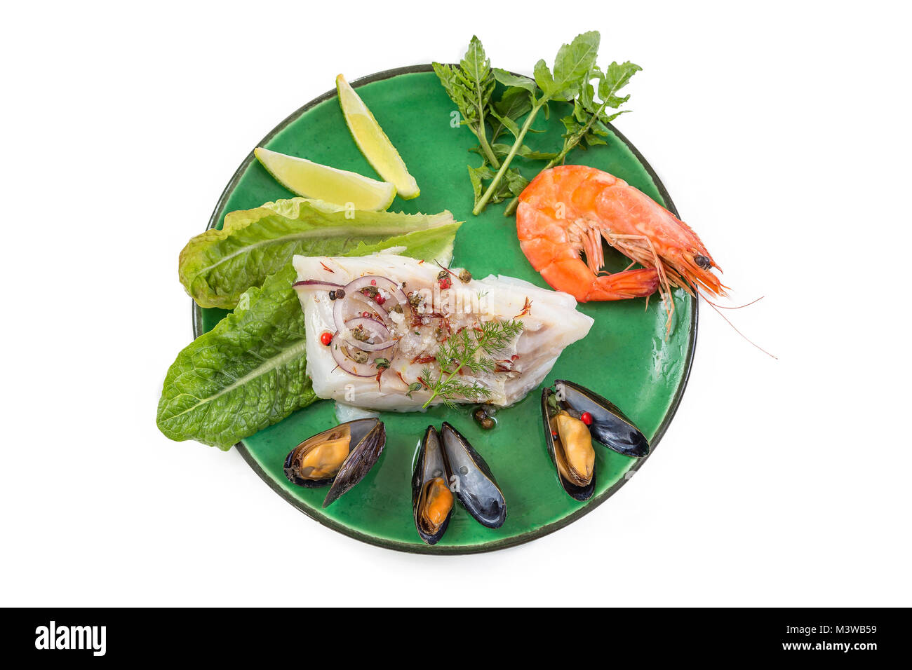 Cod fish fillet, Atlantic cod with seafood mussells,shrimps,lime and ...