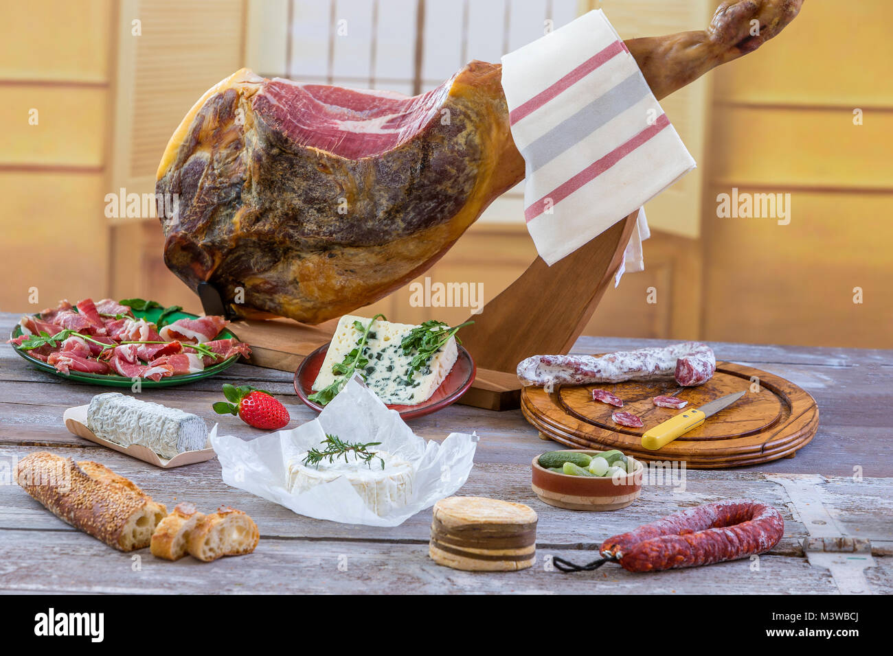 Jamon. Jamon serrano. Traditional Spanish ham close up. Dry cured ...