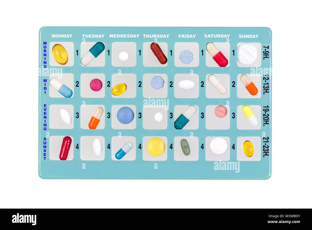 Blue pill box for storage of drugs, with inscriptions of moment of the ...