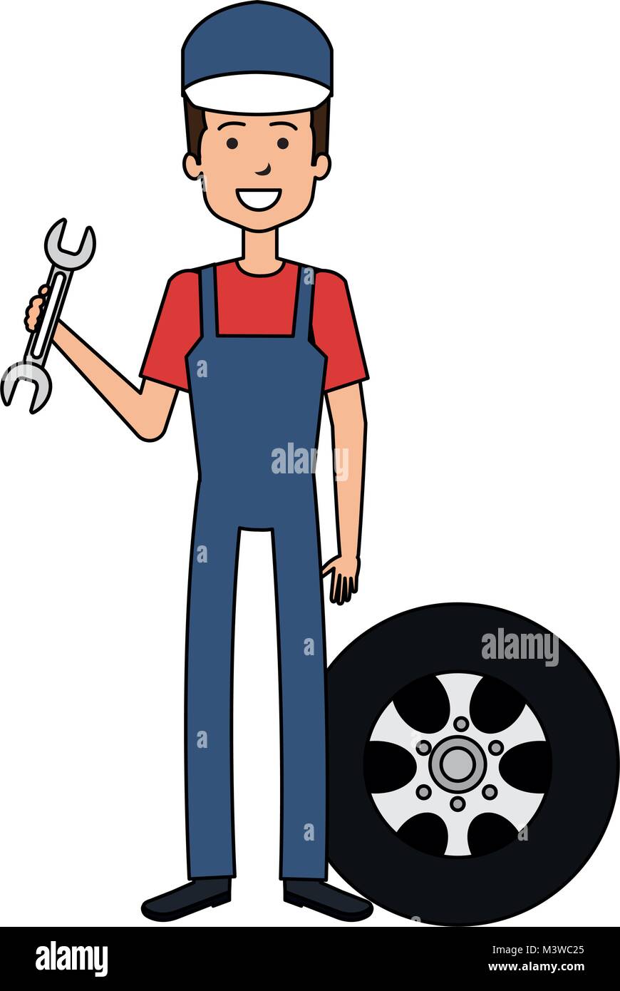 mechanic worker with tire and wrench avatar character Stock Vector ...