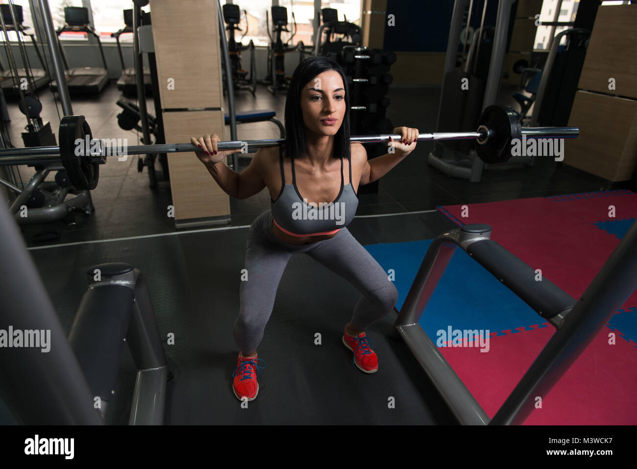 Young Woman Working Out Legs With Barbell In A Gym - Squat Exercise ...