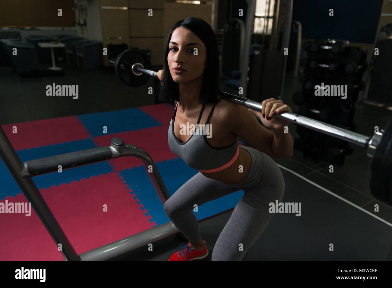 Healthy Fitness Woman Working Out Legs With Barbell In A Gym - Squat ...