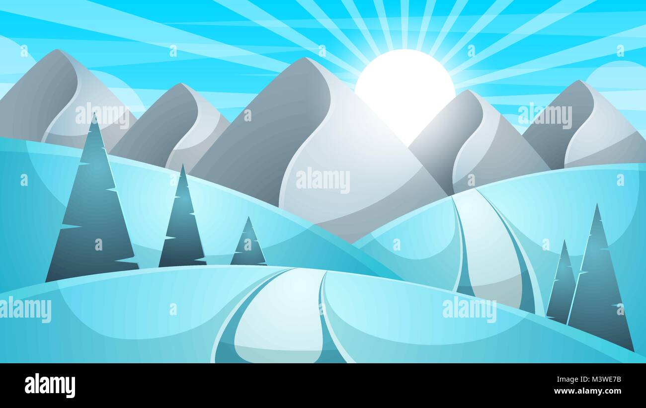 Cartoon winter landscape. Cloud, mountain, road, hill, fir illustration ...