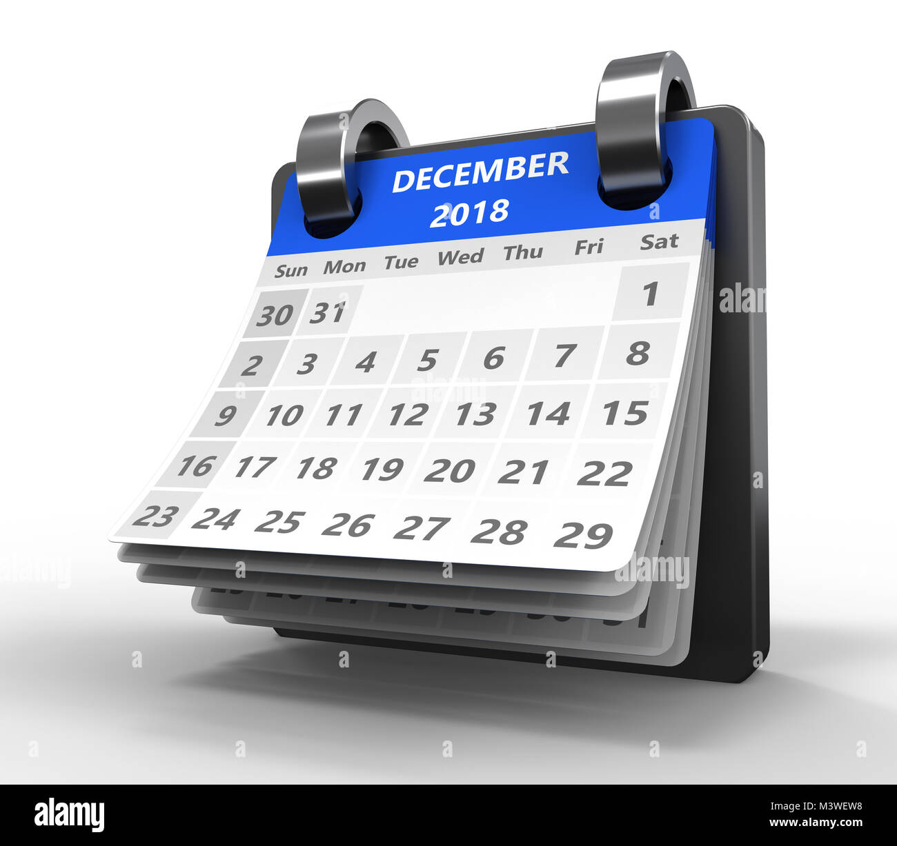 3d illustration of blue color calendar over white, december 2018 page ...