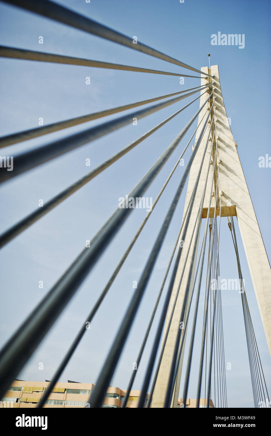 Tall white bridge in a city. Close-up photo of its ropes Stock Photo ...