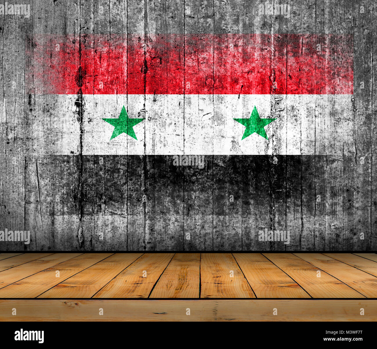 Syria flag painted on concrete with wooden floor Stock Photo - Alamy