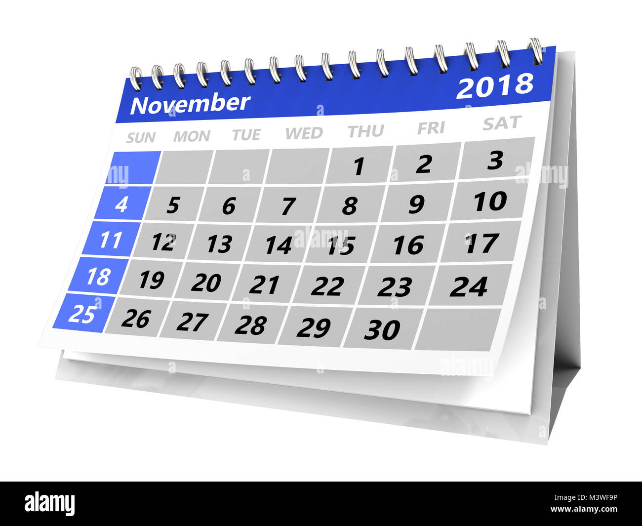 3d illustration of month calendar over white, 2018 november page Stock ...