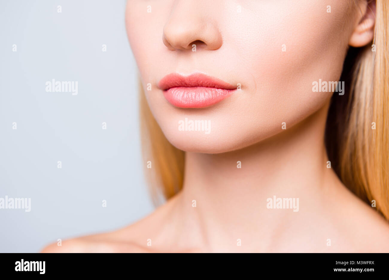 Close up cropped photo of big natural woman's lips without lipstick and ...