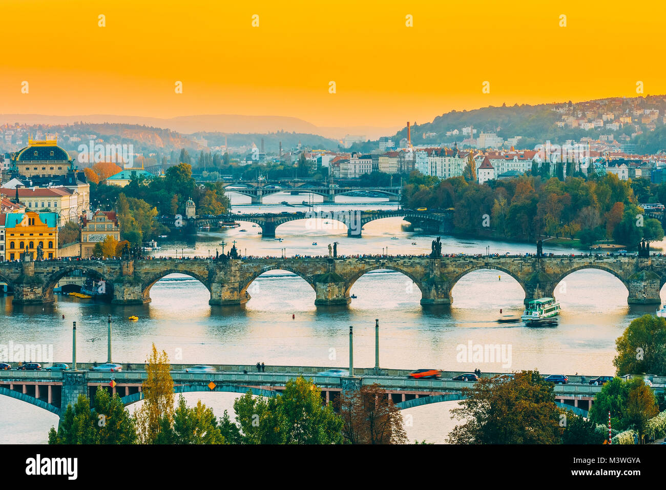 Prague, Czech Republic. Evening Cityscape In Sunset Time. Old Manes ...