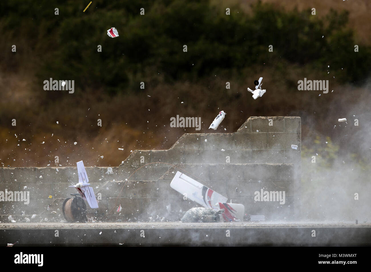 An explosion rips apart an unmanned aircraft during the Raven’s ...
