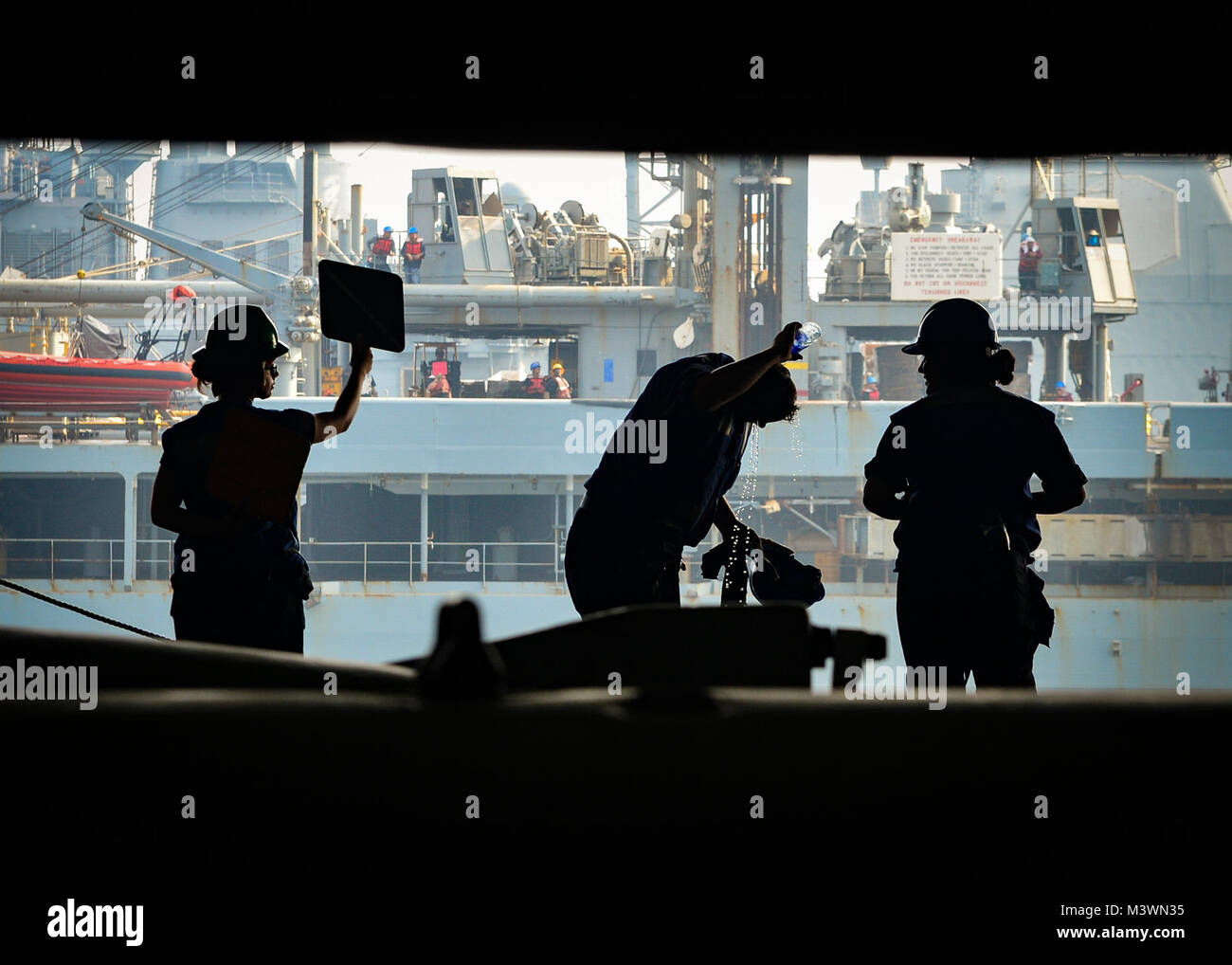 ARABIAN GULF (Aug. 3, 2017) U.S. Navy Sailors on the rigging team work ...