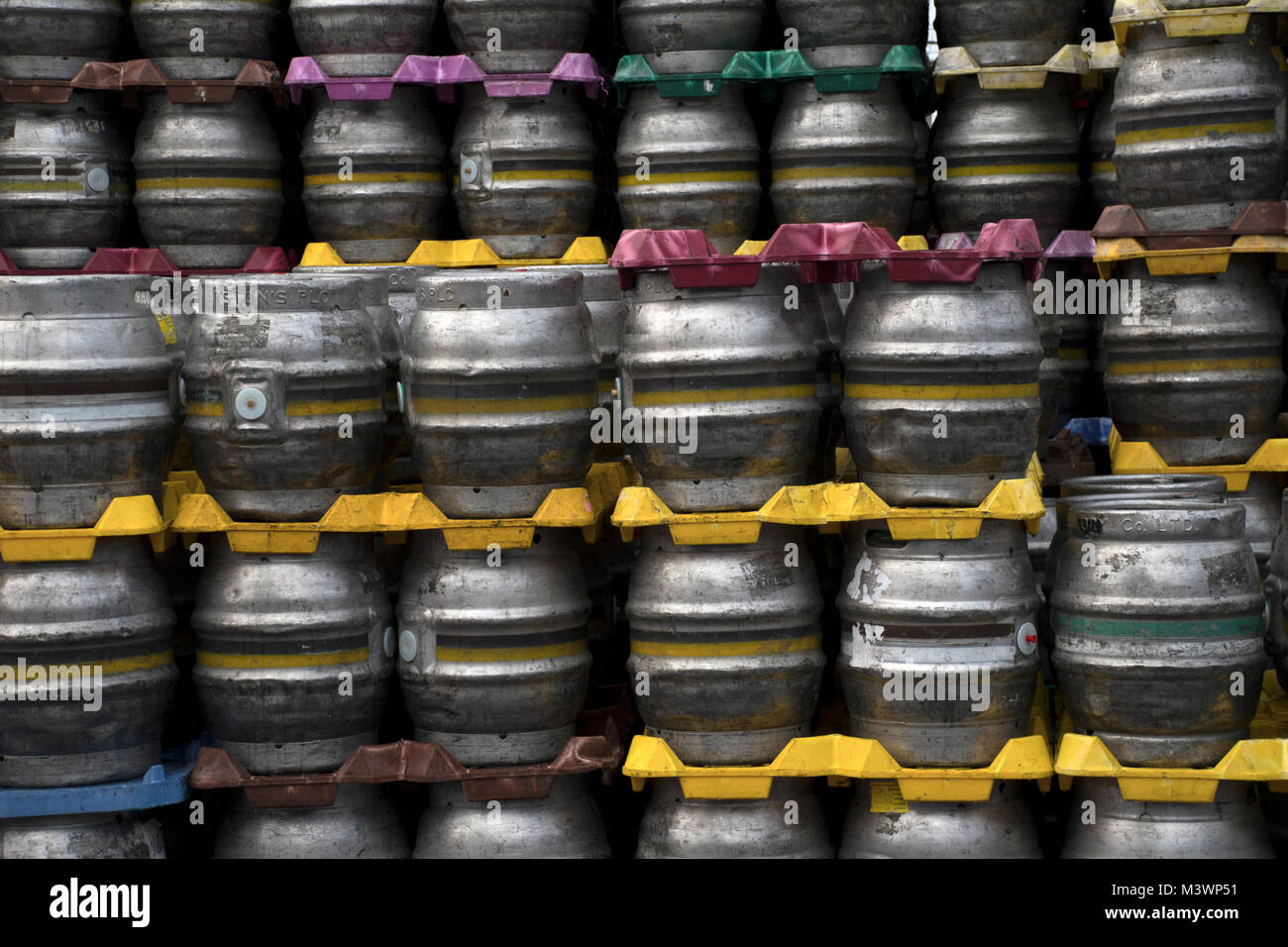 Stacked metal beer barrels at a local brewery Stock Photo - Alamy