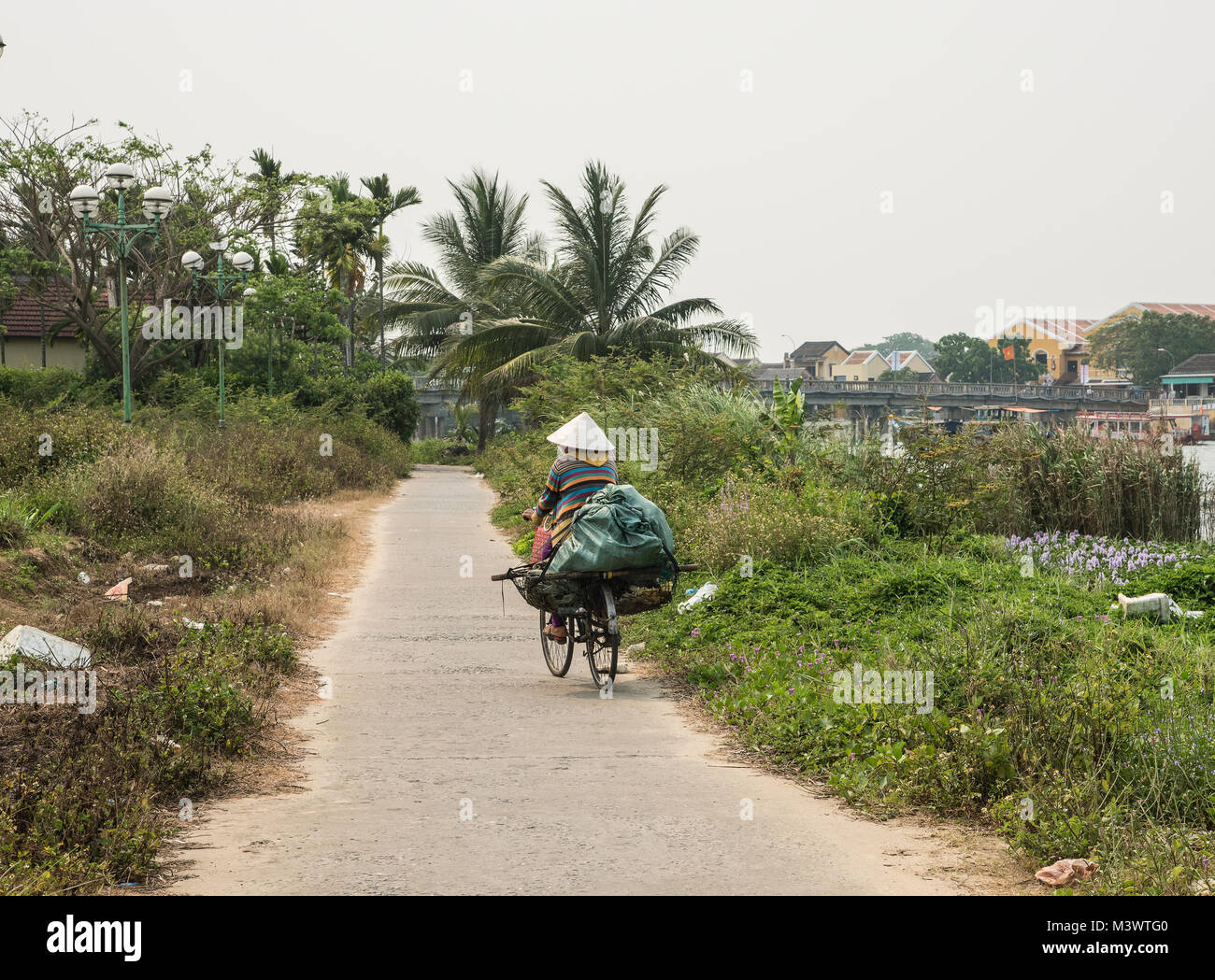 Traditional Vietnamese person riding a cycle along a rural pathway in ...