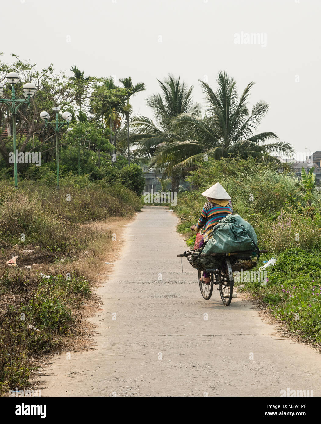 Traditional Vietnamese person riding a cycle along a rural pathway in ...