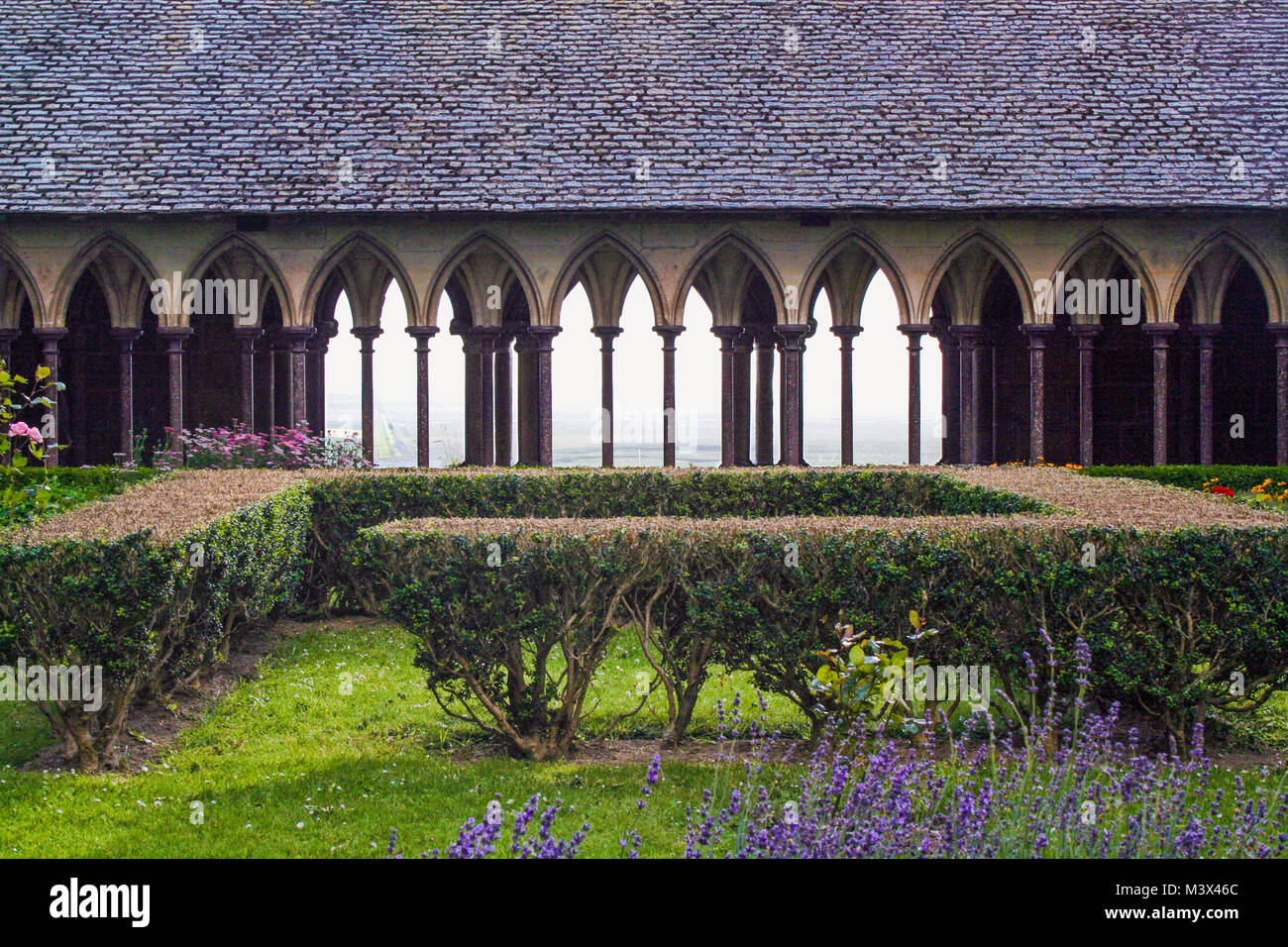 detail of columns in the cloister of Mont saint Michel abbey, Normandy ...