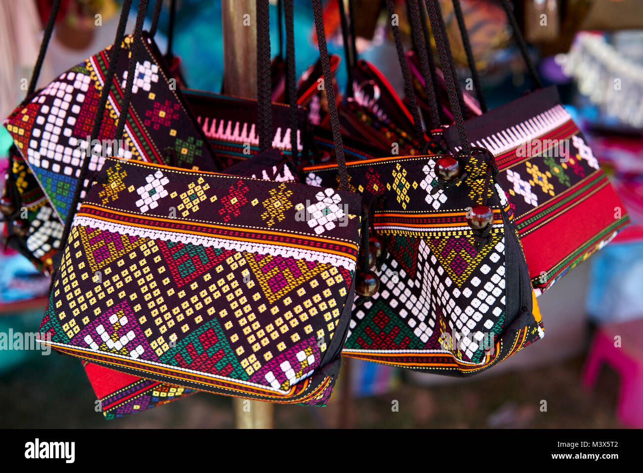 Bags with traditional patterns from the Hmong tribe in North Thailand ...
