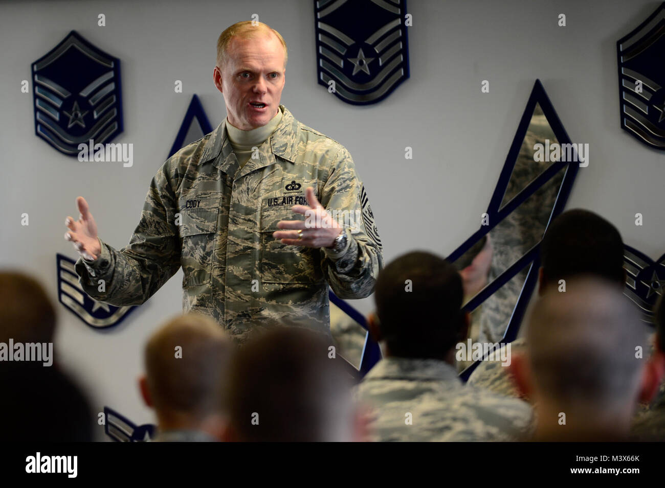 Chief Master Sgt. of the Air Force James A. Cody speaks to Airmen at ...