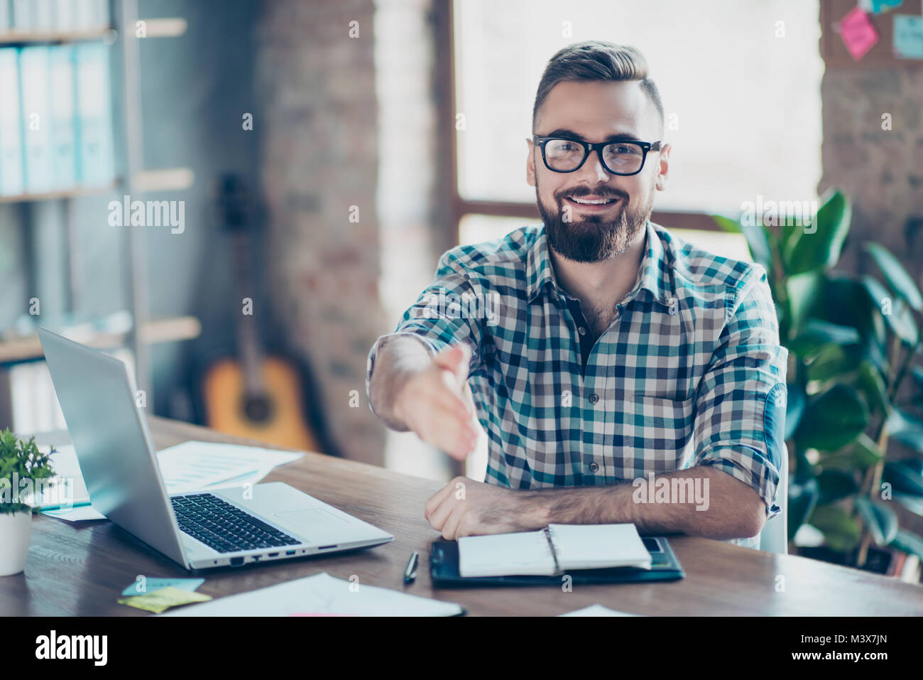 Concept of successful job interview. Portrait of happy cheerful smiling ...