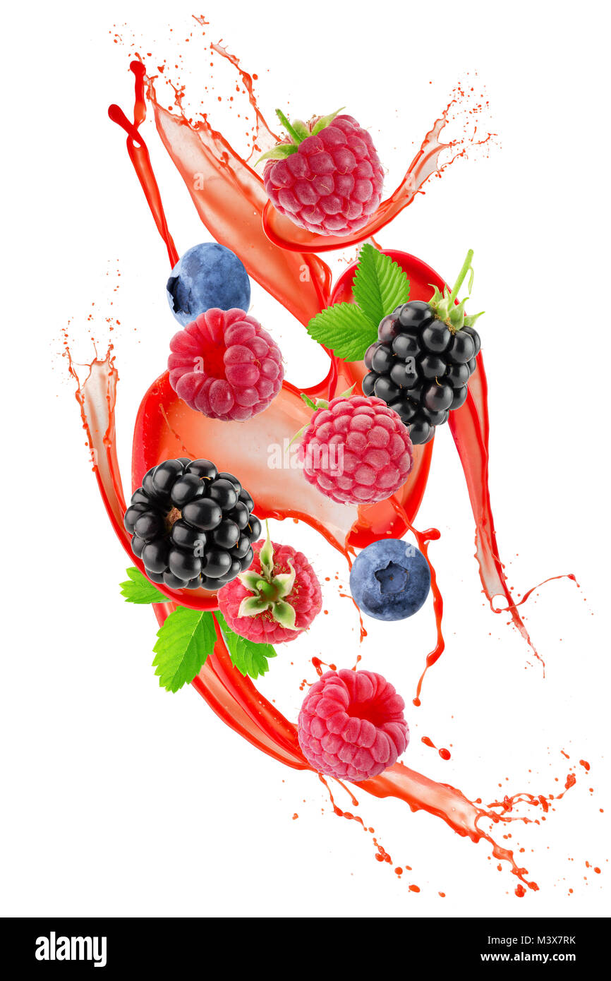 berry mix in juice splash isolated on a white background Stock Photo ...