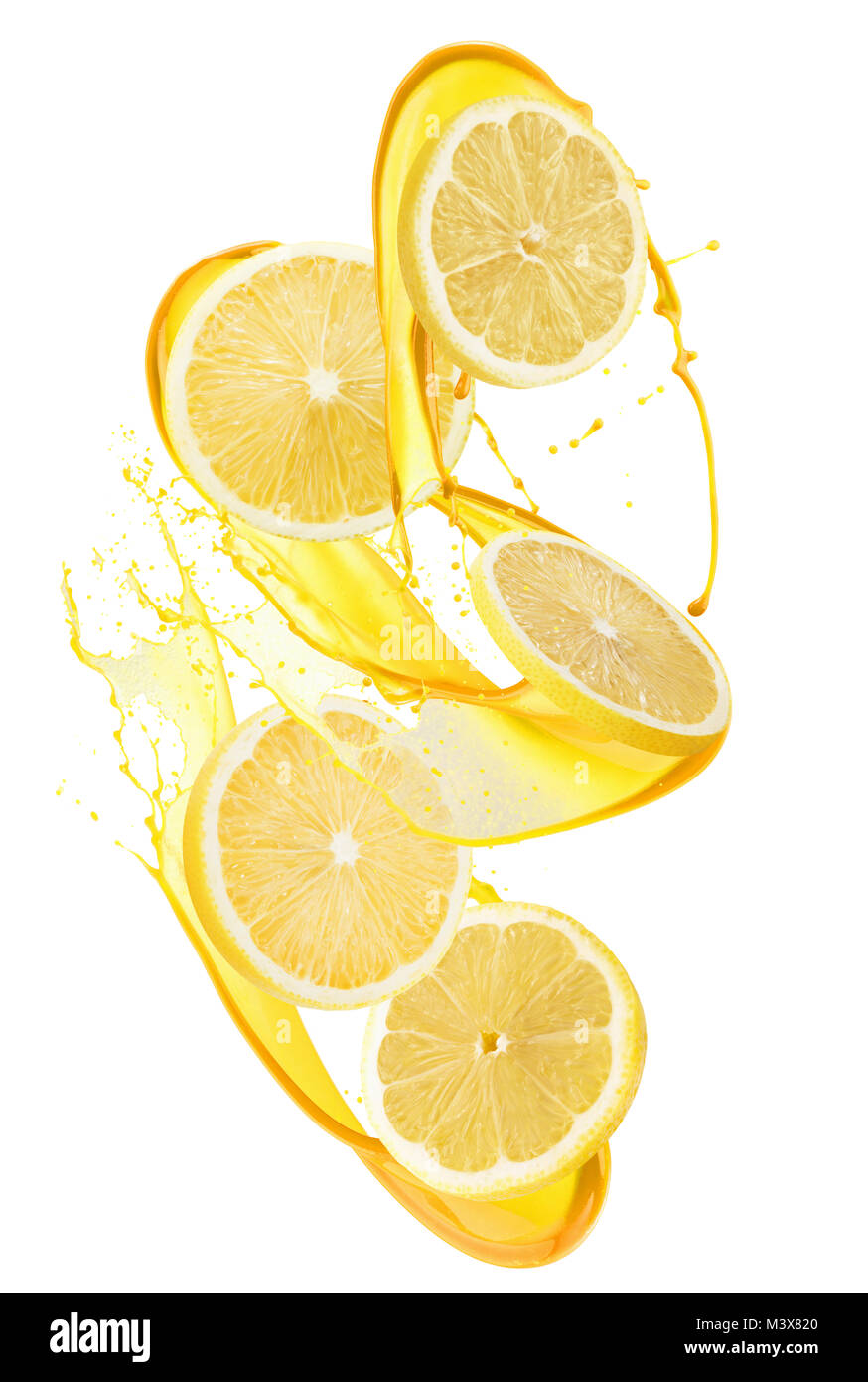 lemon slices in juice splash isolated on a white background Stock Photo ...