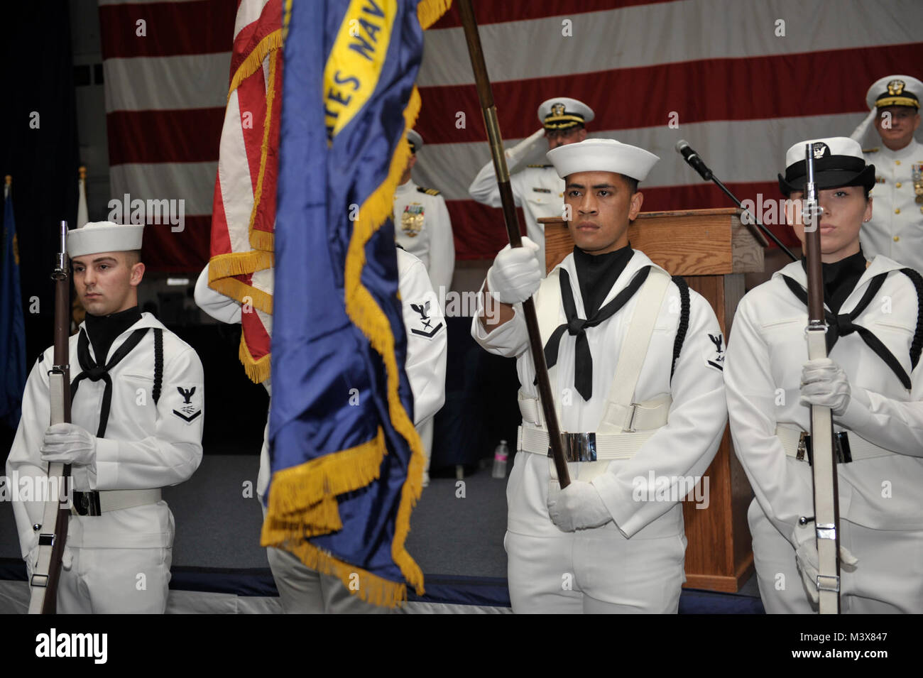 EVERETT, Wash. (July 8, 2014) The color guard parades the colors during a change of command ...