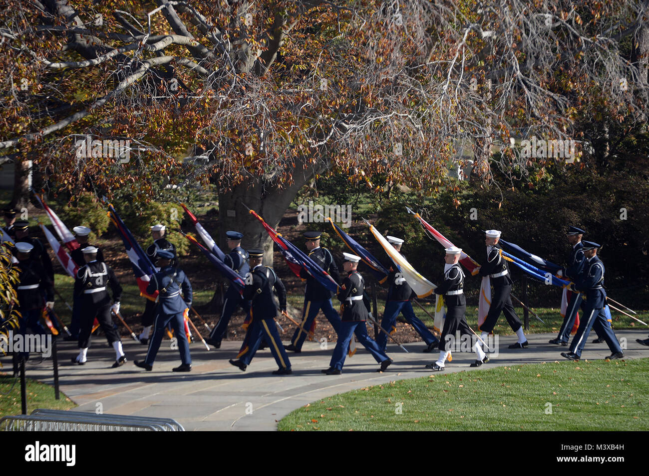 Service members carry their colors during a ceremony at the Tomb of the ...