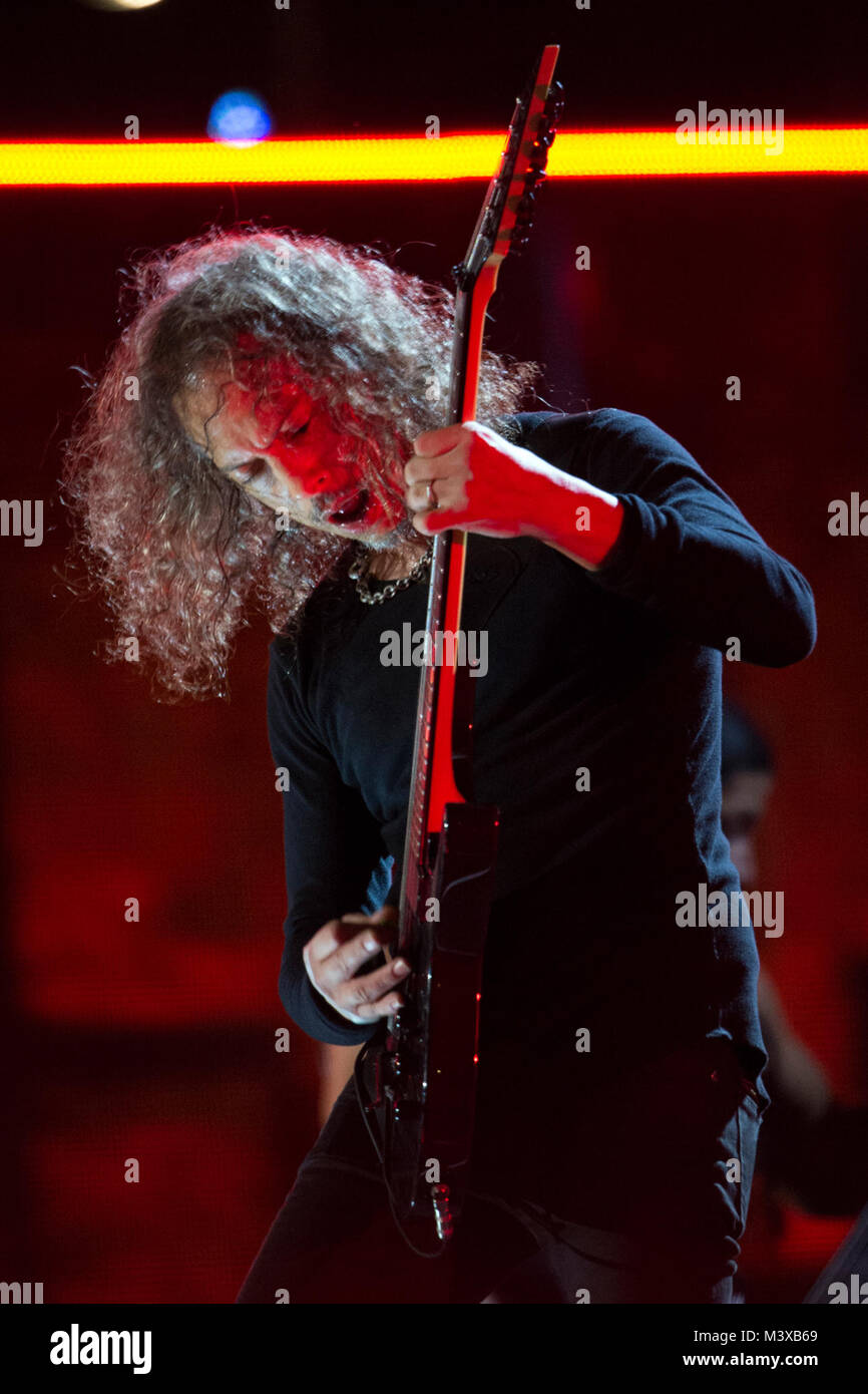 Kirk Hammett Lead Guitarist Of Metallica Plays A Guitar Solo During