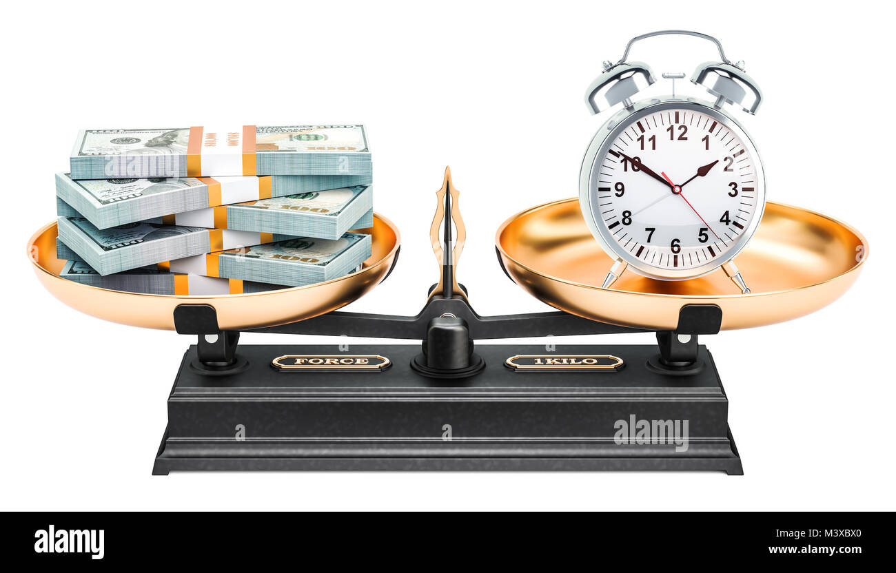 Balance concept, alarm clock and dollar packs. 3D rendering isolated on ...