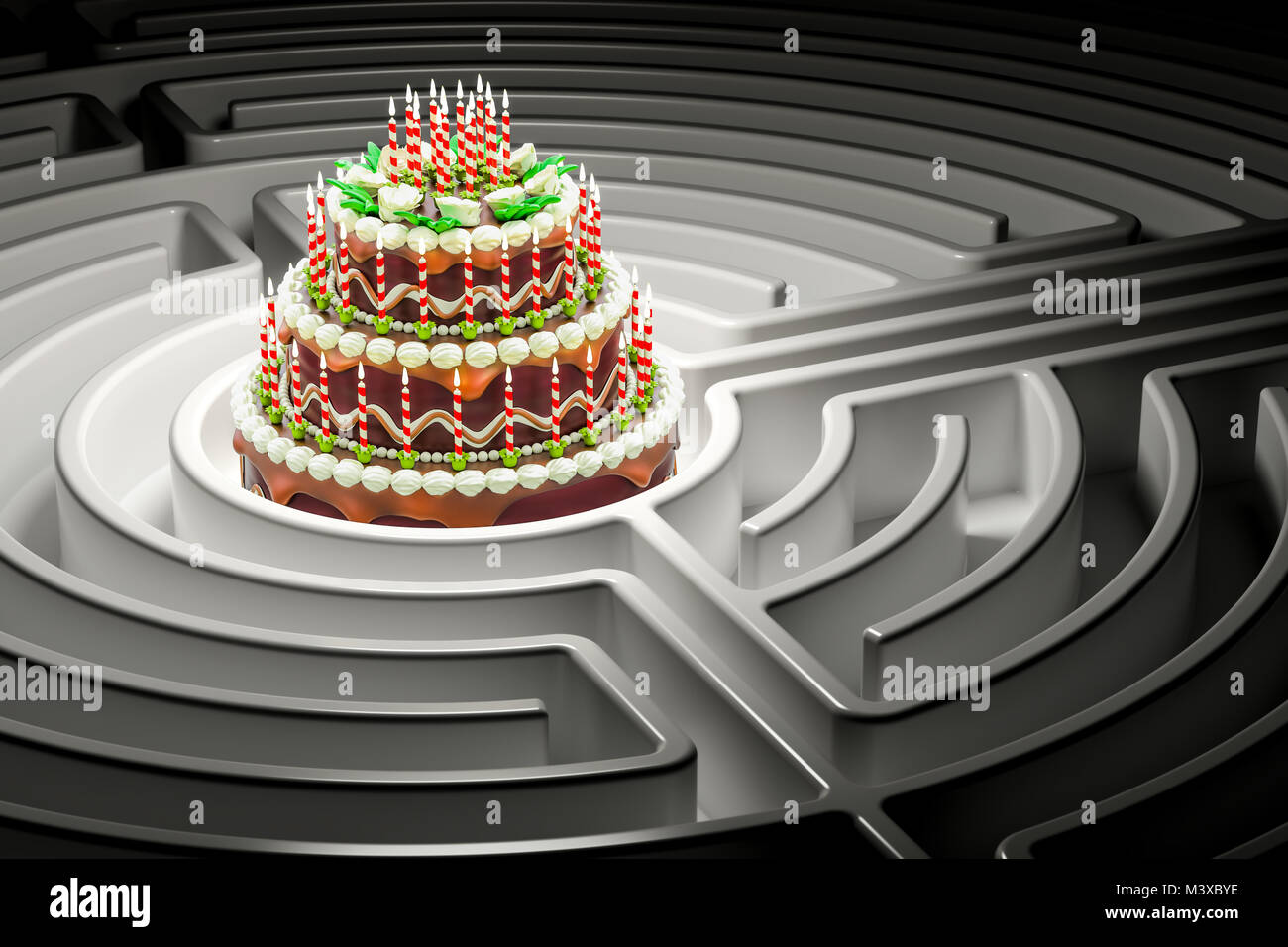 Chocolate cake with candles inside labyrinth maze, 3D rendering Stock ...