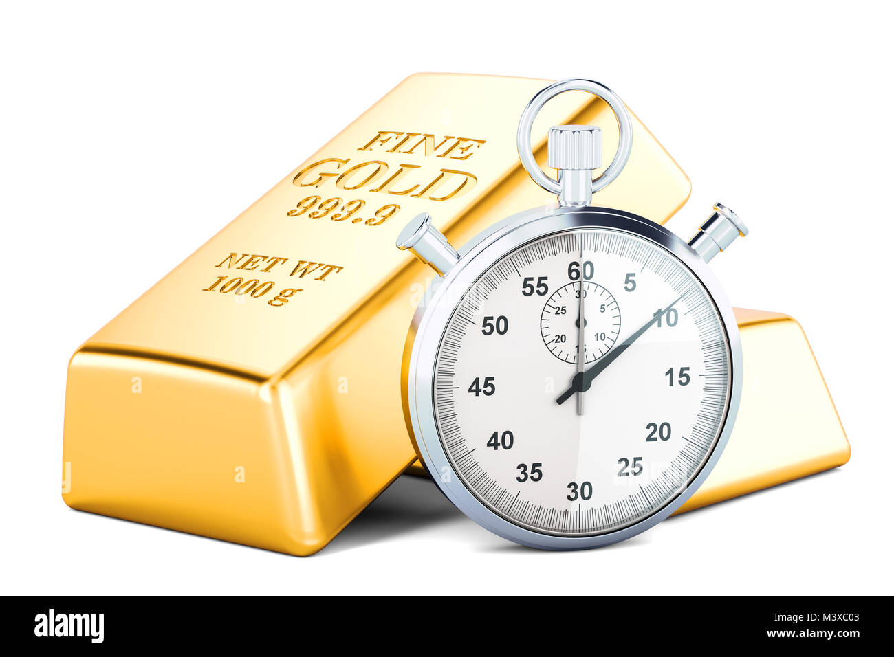 Gold bars with stopwatch, concept. 3D rendering isolated on white ...