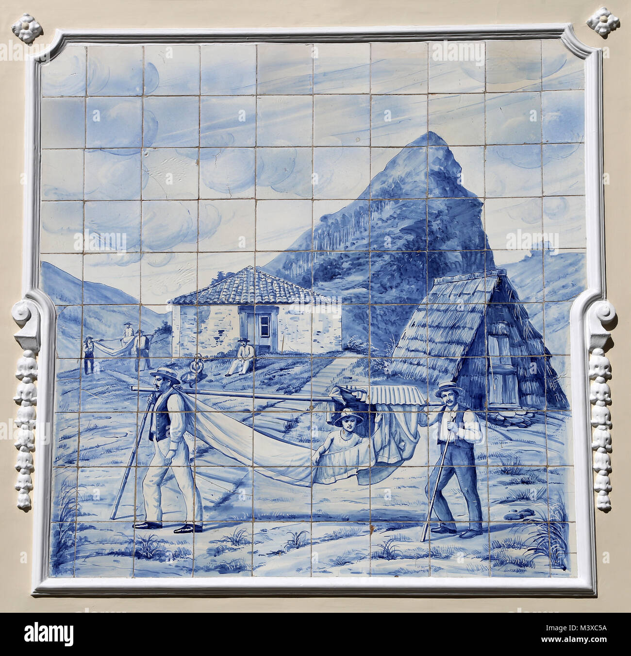 Azulejo of The Ritz Cafe. Ceramic, glazed blue tiles depicting rural ...