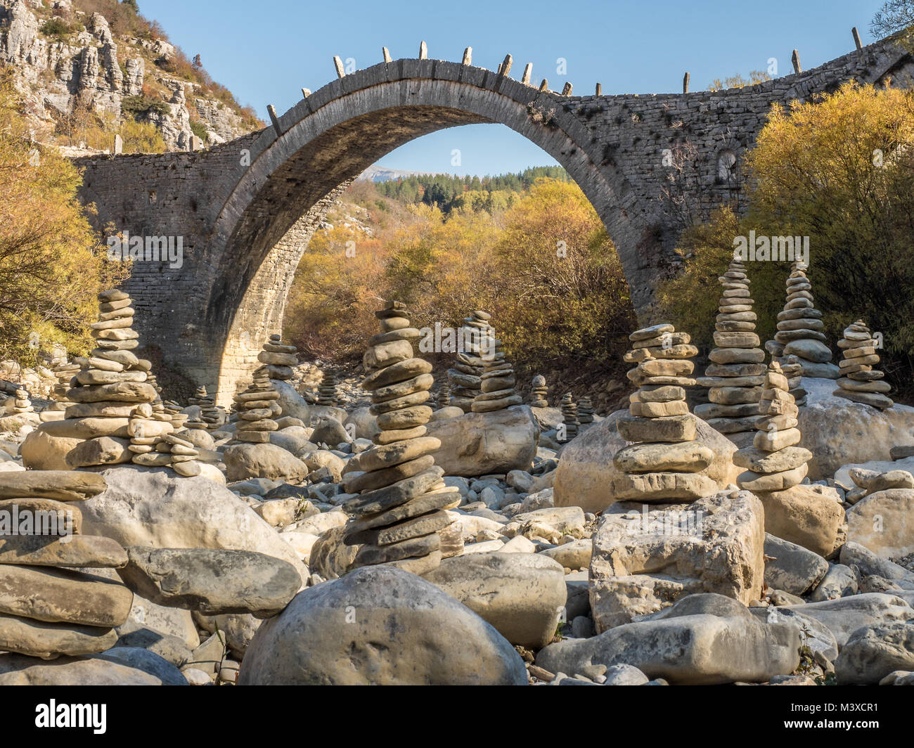 Cairns in river bed - Plakidas Bridge - Zagorohoria - Epirus - Greece ...