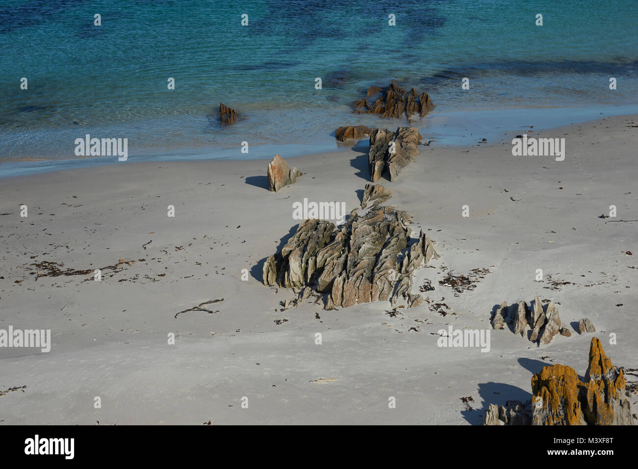 White sandy beach with outcrops of lichen covered rocks on Carcass ...