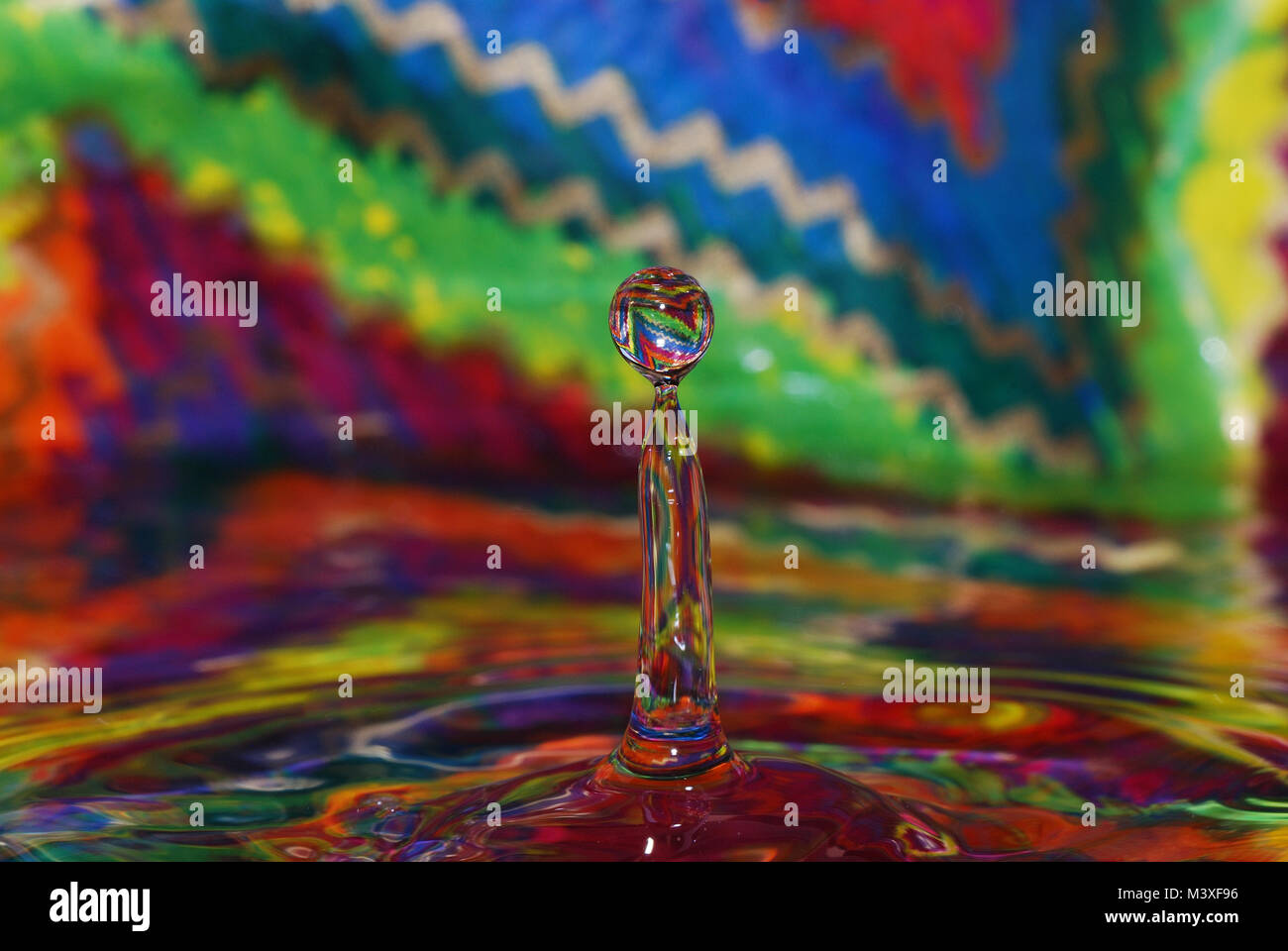 impacting drops in a colorful liquid building standing center view ...